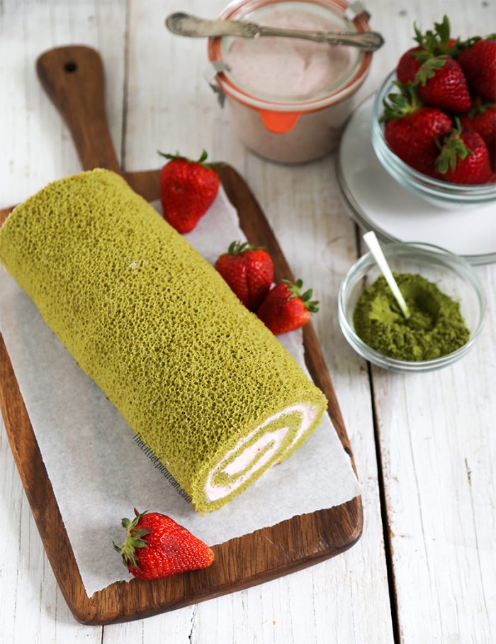 Matcha Green Tea Swiss Roll Cake with Strawberry Mousse