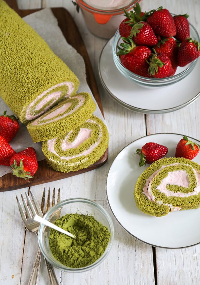 Matcha Green Tea Swiss Roll Cake with Strawberry Mousse