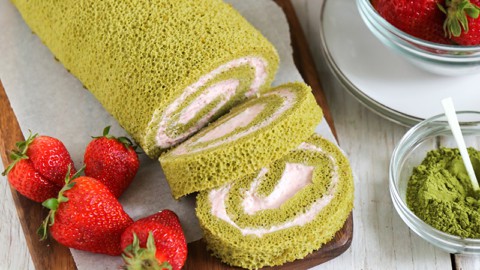 Matcha Green Tea Swiss Roll Cake with Strawberry Mousse