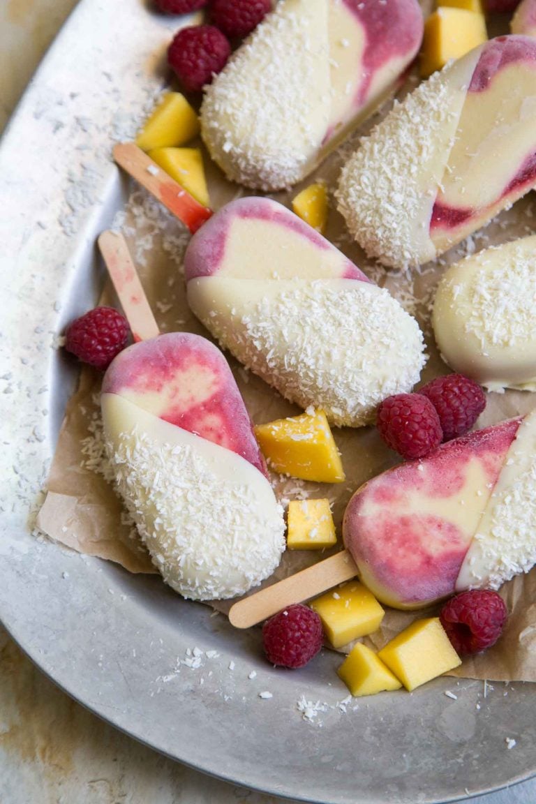 Raspberry Mango Coconut Pops- The Little Epicurean