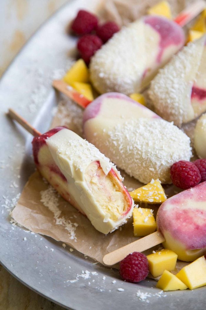 Raspberry Mango Coconut Pops- The Little Epicurean